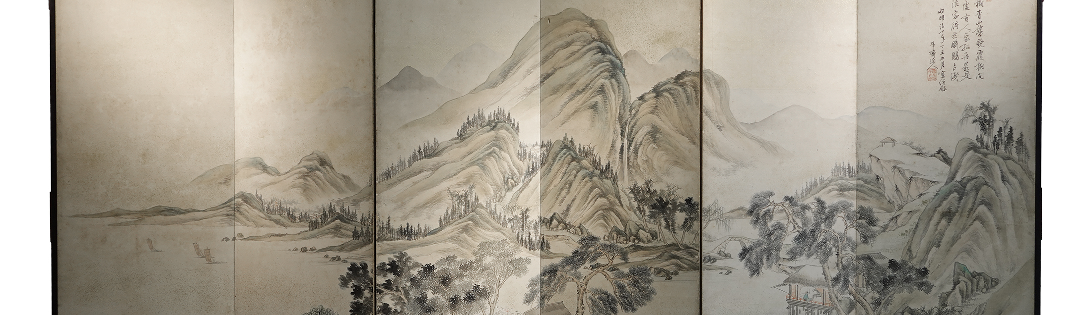 1877, Late 19th Century Japanese Screen, Ink Landscape