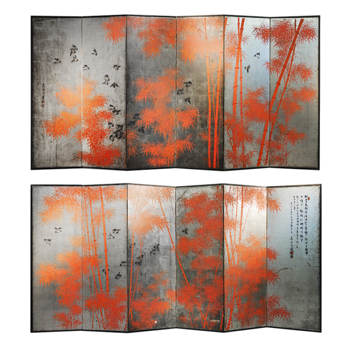 Red Bamboo, Japanese Screen Pair from Taisho Year 13, 1925 – G&K Collection